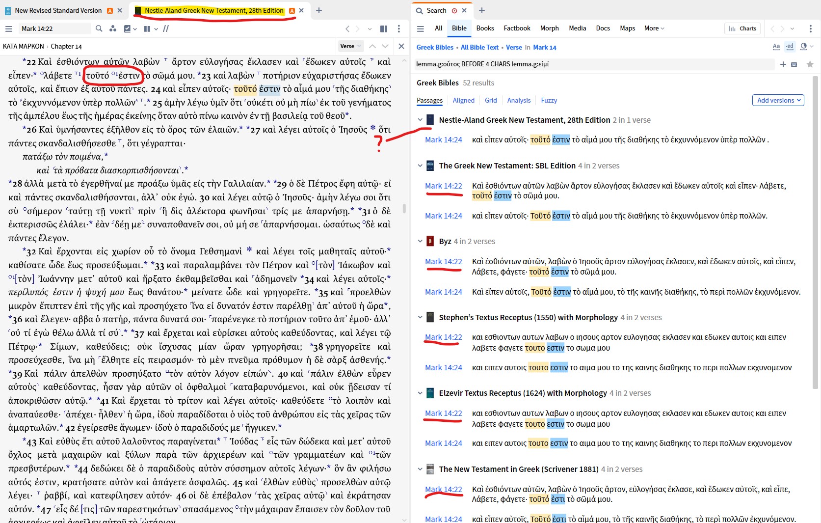 BUG: Missing Search Result in NA28 - Mark 14:22 - Logos Community