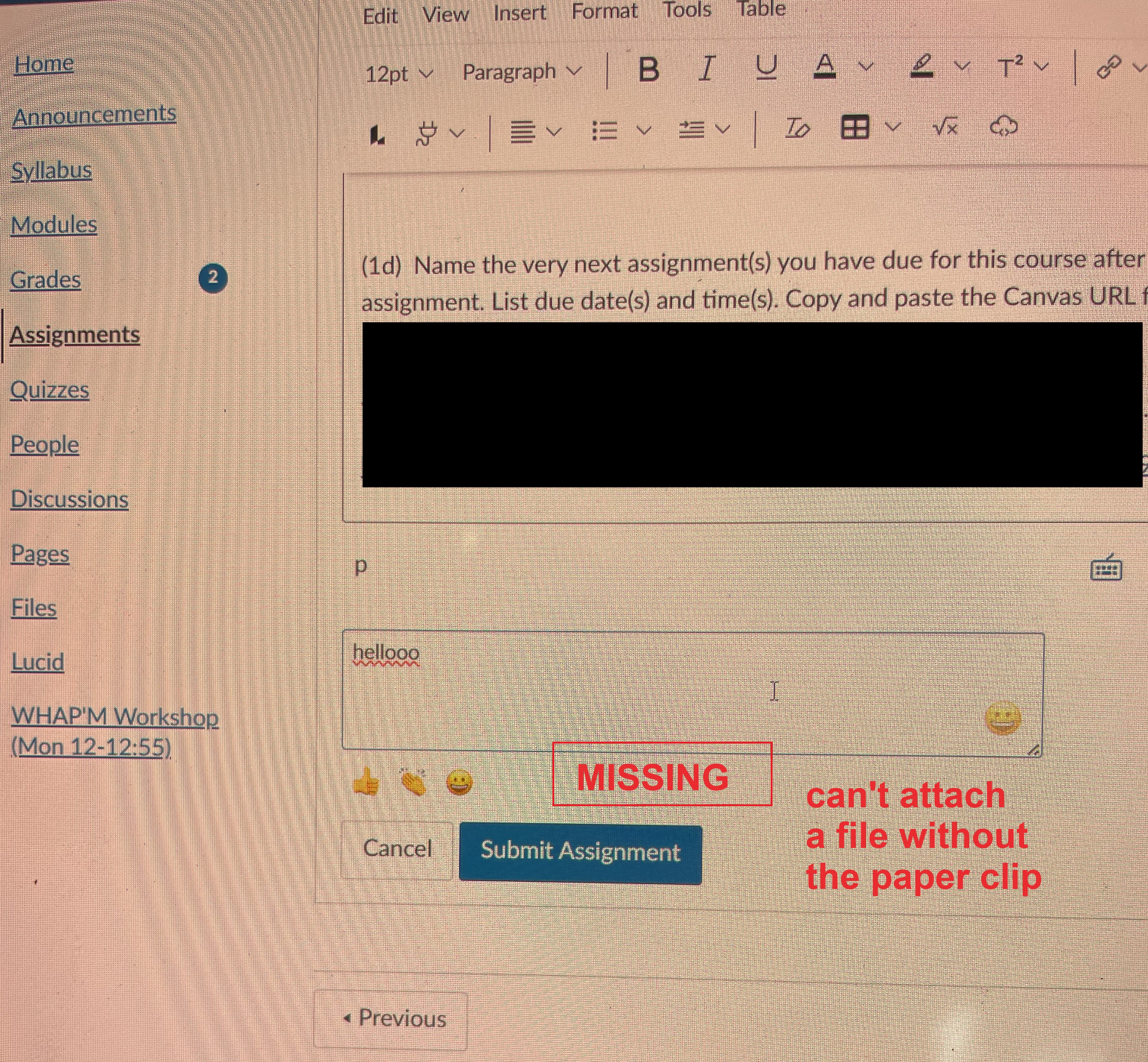 Two students lack paper clip icons for attaching files to Assignment ...
