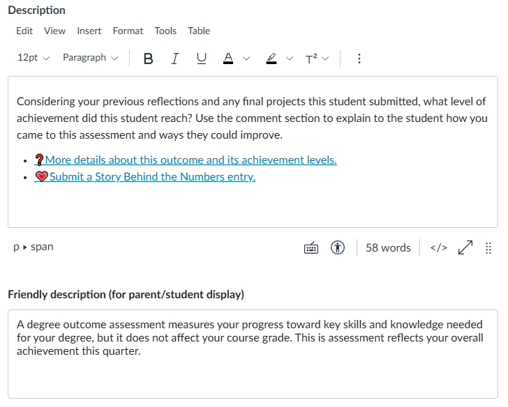 "Friendly Description" not displaying for students in Outcomes ...