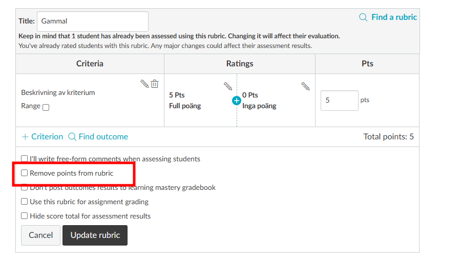 Remove points from rubric enhanced rubrics - Instructure Community