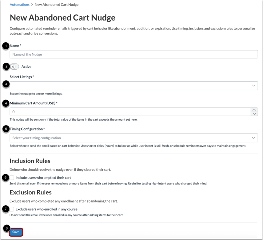 How do I manage abandoned cart nudge email reminders in Canvas Catalog ...