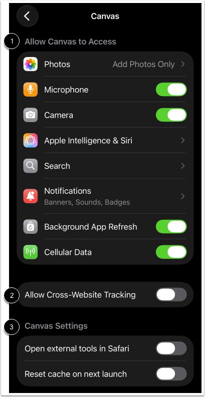 What Canvas app options can I manage from my iOS device settings ...