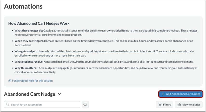 How do I manage abandoned cart nudge email reminders in Canvas Catalog ...