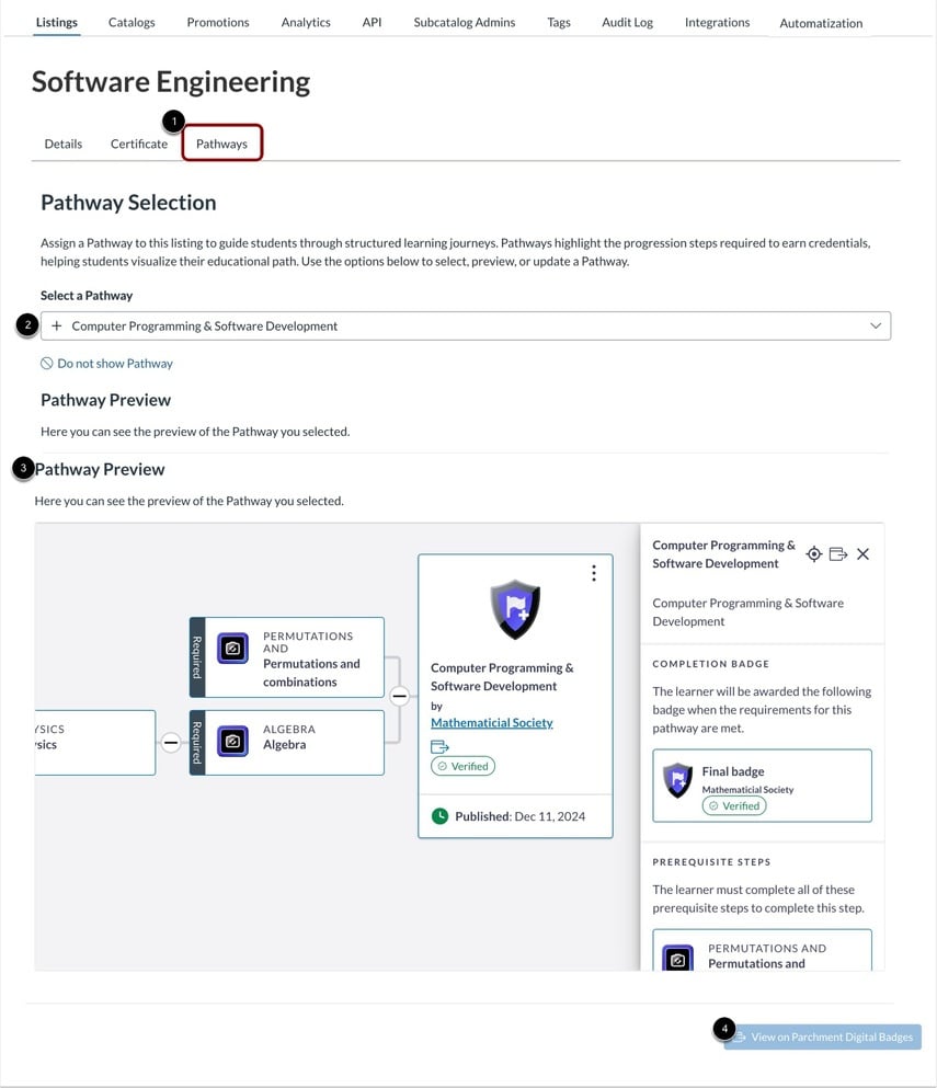 How do I view the Parchment Digital Badges integration in a catalog ...
