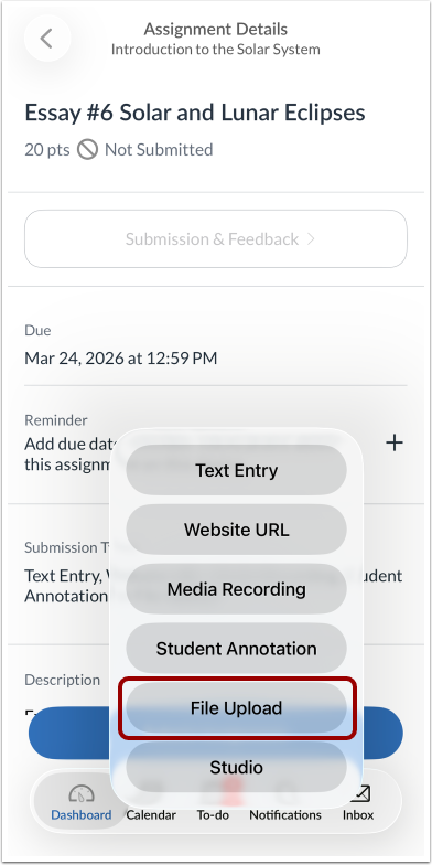 How do I upload a file as an assignment submission in the Canvas app on ...