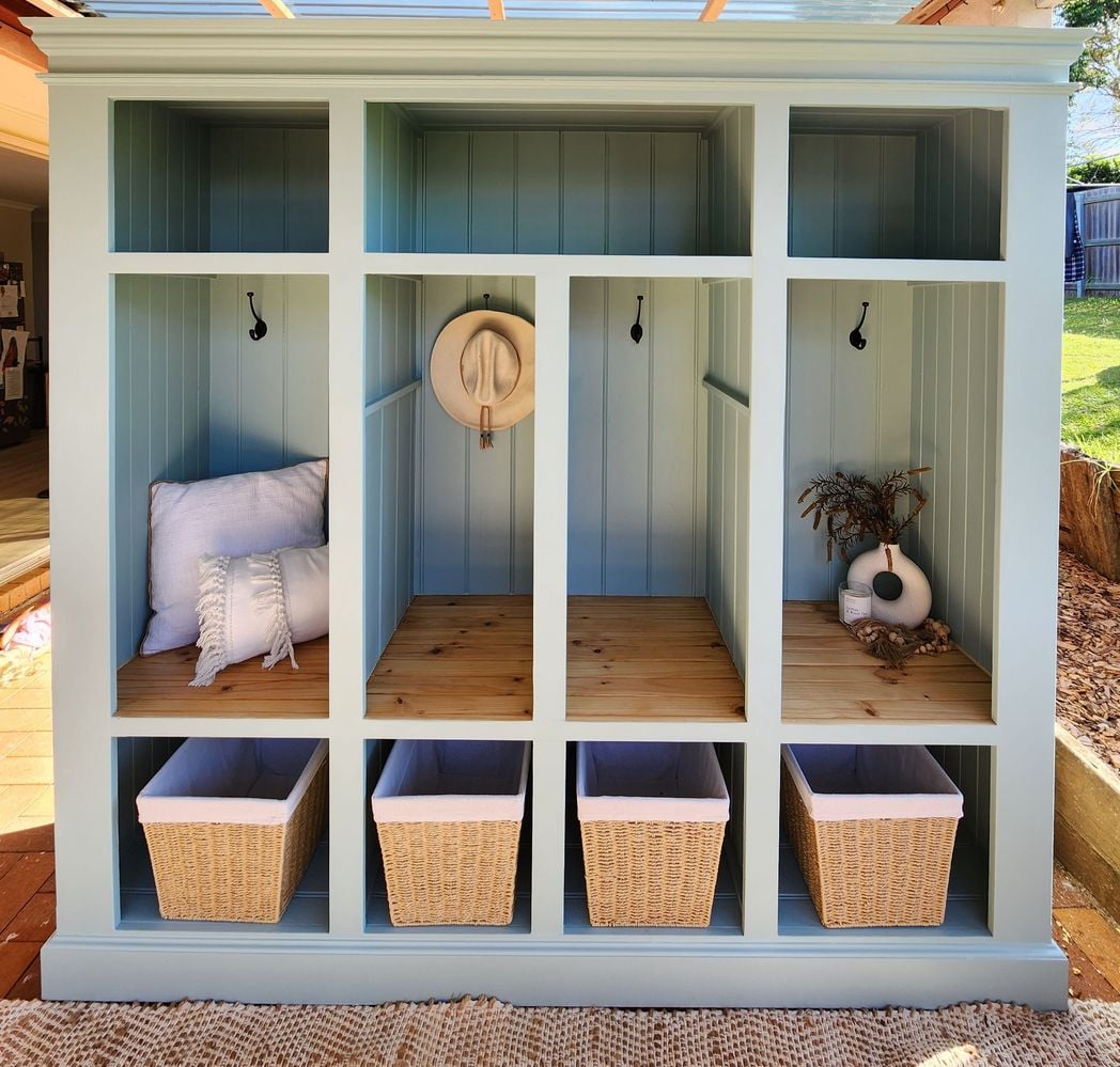 Upcycled mudroom using old entertainment unit - Bunnings Workshop community