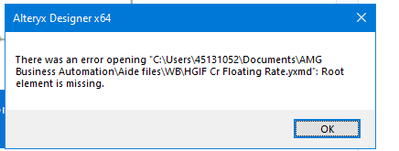 Designer| Load workflow - Root element missing - Alteryx