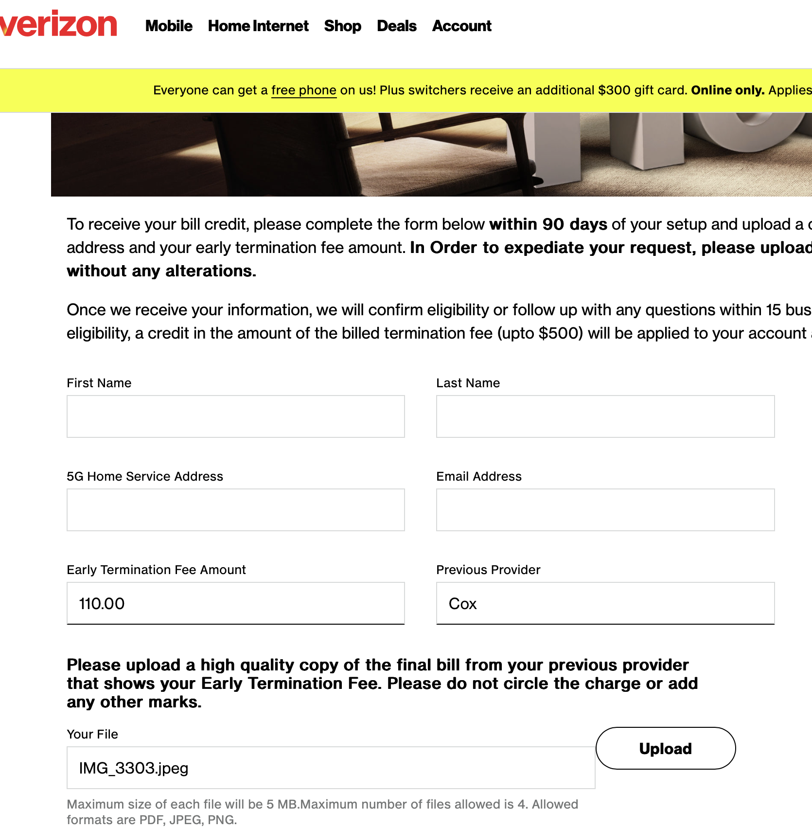 Early termination fee reimbursement - Verizon