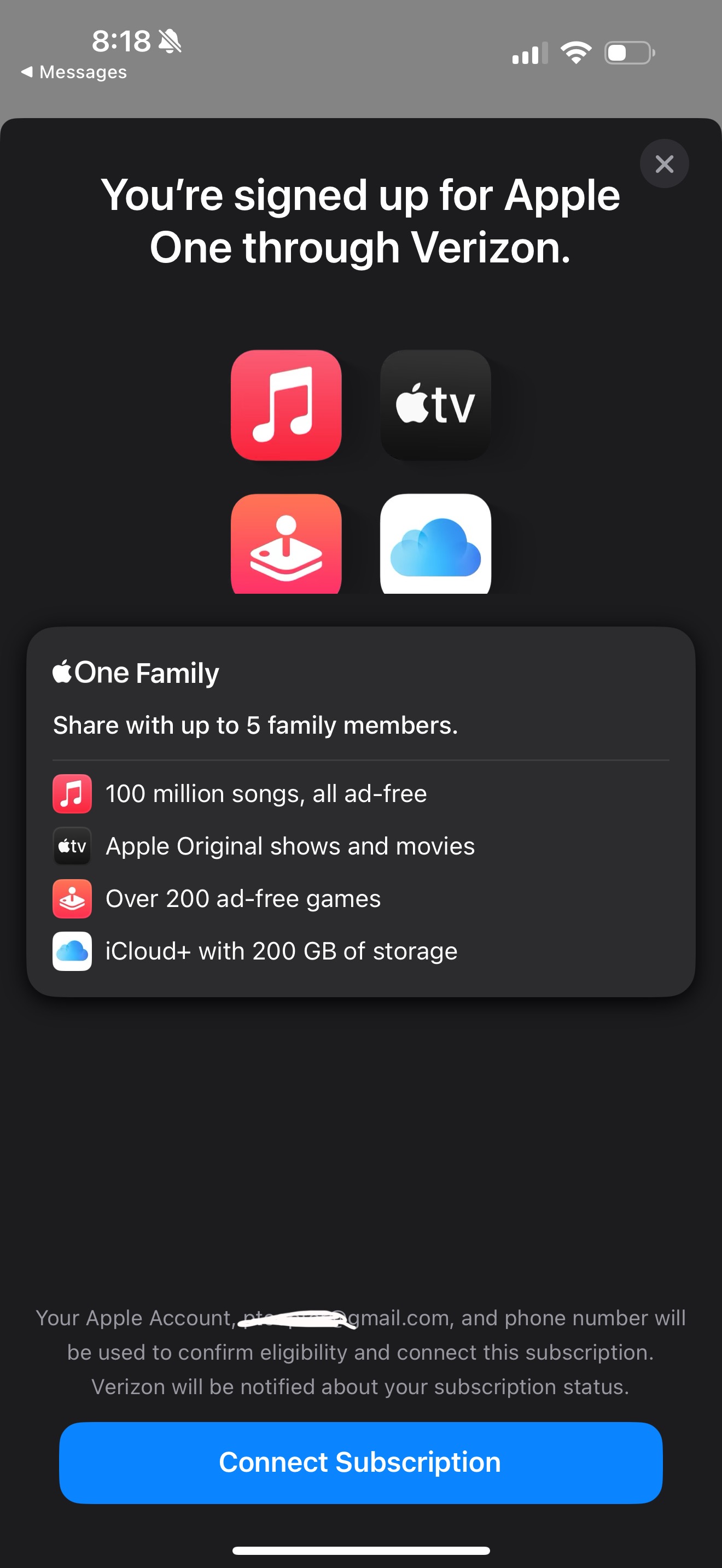 Apple one family still not able to set up - verizon