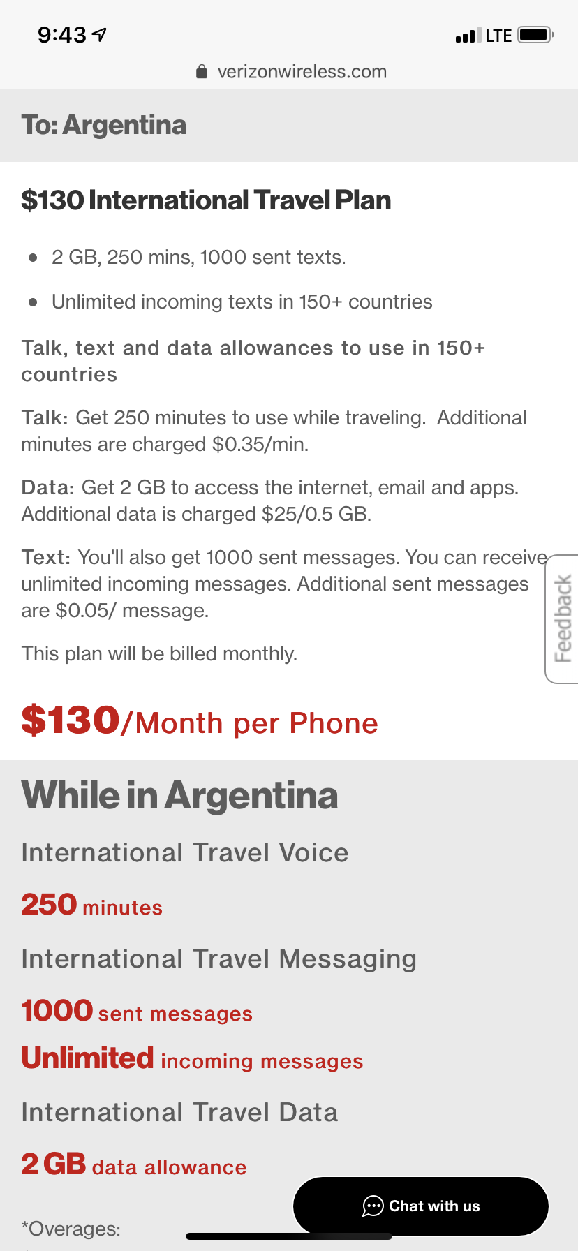 International Travel Plan Rates on Website - Verizon